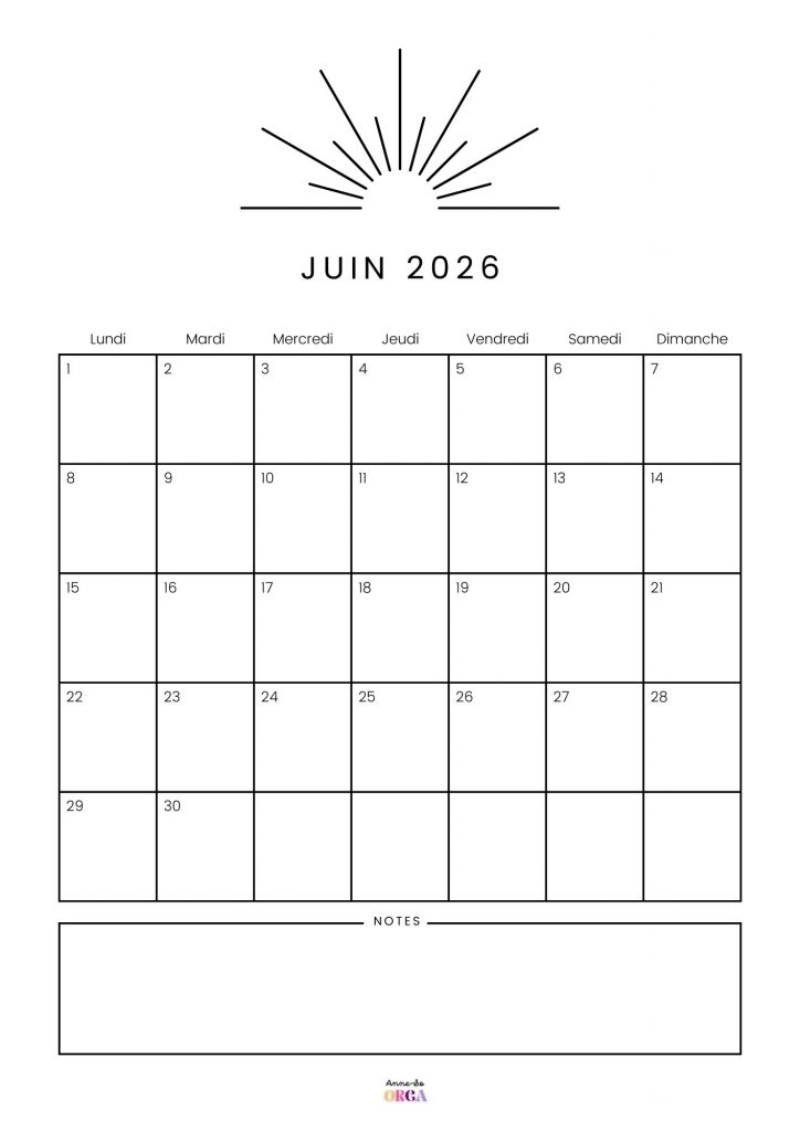 Calendriers juin 2026 - Gratuit PDF - AnneSo Orga